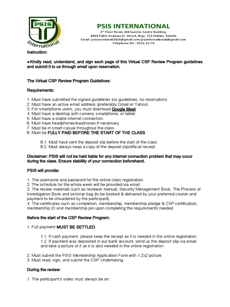 Psis International: Kindly Read, Understand, and Sign Each Page of This Virtual CSP Review ...