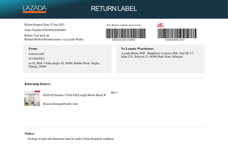 Returnlabel: To Lazada Warehouse: From | PDF
