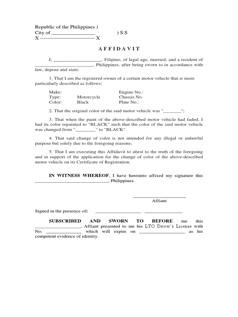 Affidavit for Motorcycle Color Change | PDF