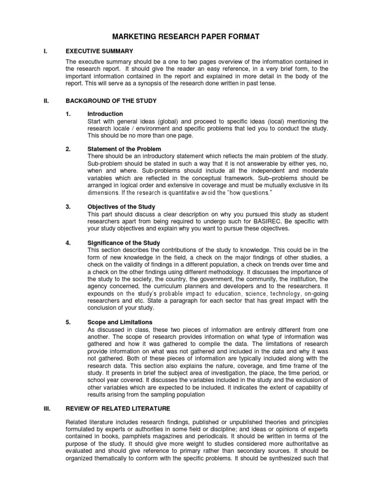 Marketing Research Paper Format: I. Executive Summary | PDF ...