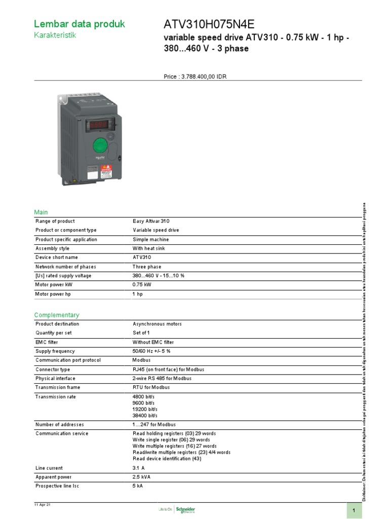 Altivar Easy 310 - ATV310H075N4E | PDF | Electric Motor | Electrical Impedance