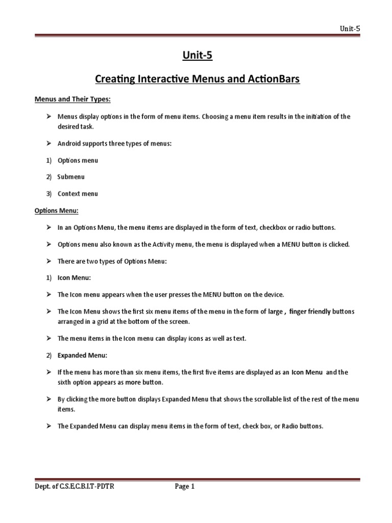 Unit-5 Creating Interactive Menus and Actionbars | PDF | Menu (Computing) | Databases
