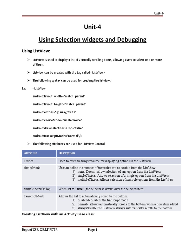 Unit-4 Using Selection Widgets and Debugging | PDF | Class (Computer Programming) | Android ...