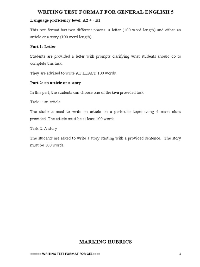 Writing Test Format For General English 5 | PDF | Word | Vocabulary