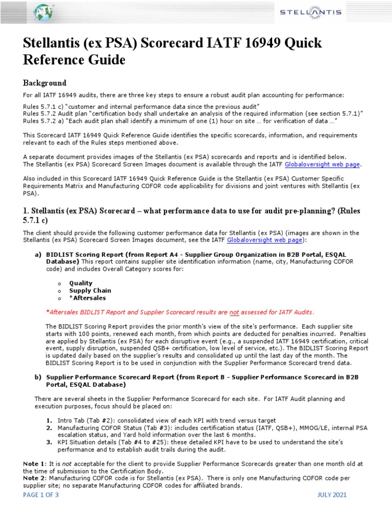 Stellantis IATF 16949 Scorecard Guide | PDF | Audit | Databases