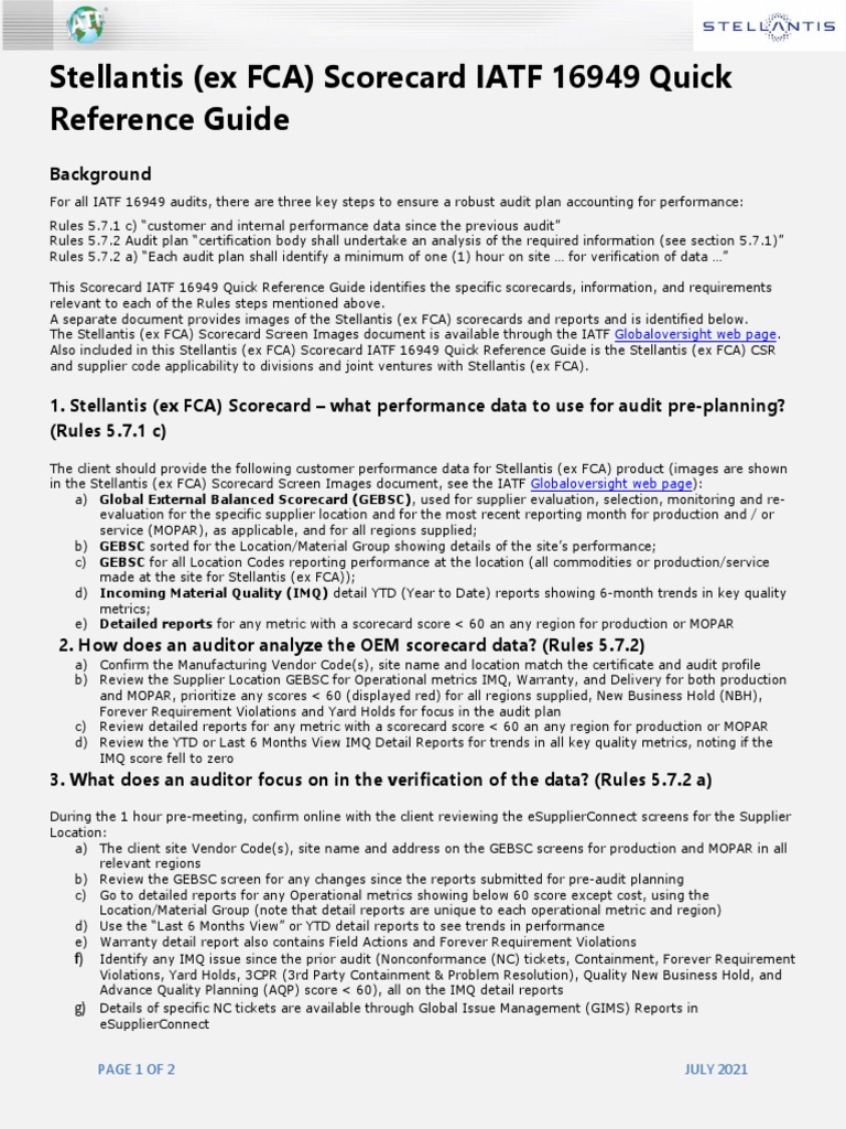 Stellantis Ex FCA Scorecard Quick Reference Guide July 2021 | PDF ...