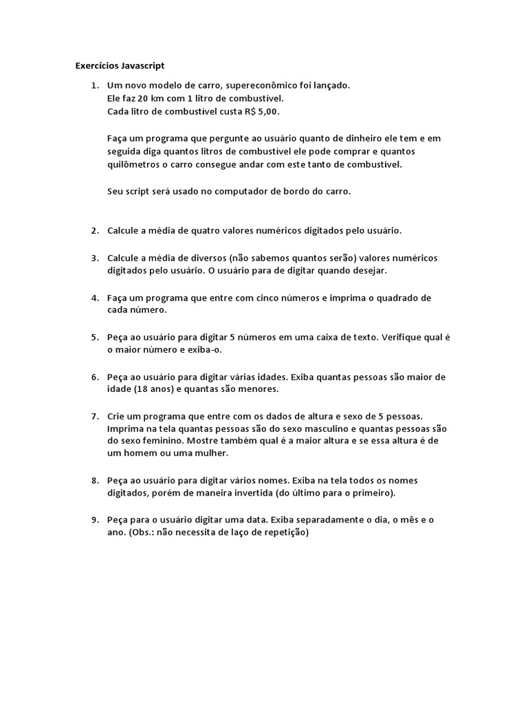 Exercícios Javascript | PDF Exercícios Javascript | PDF