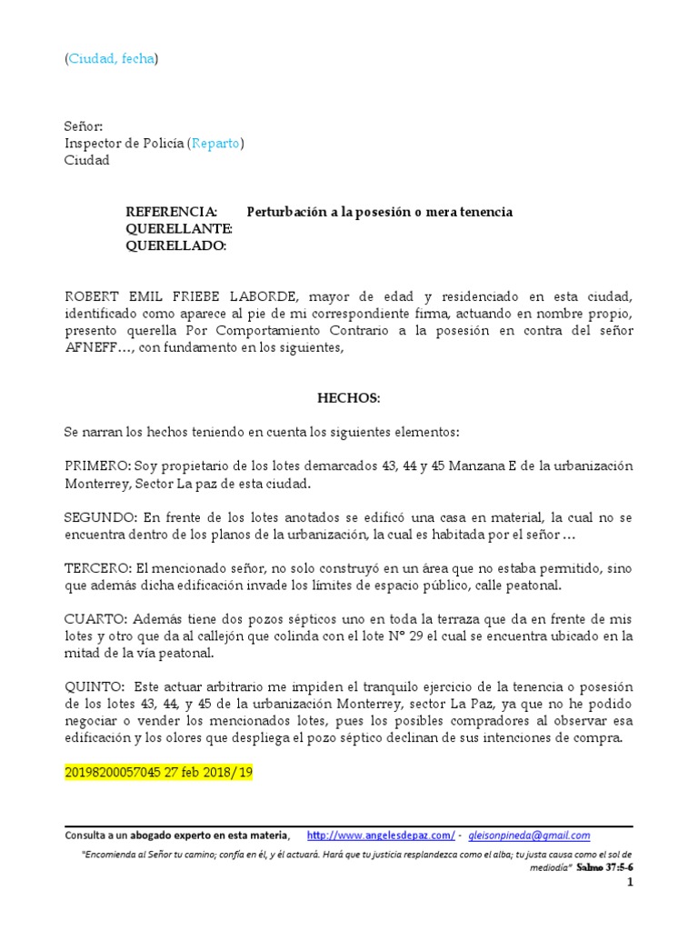 Modelo Querella Perturbación Posesión 0 | PDF | Justicia | Crimen y violencia