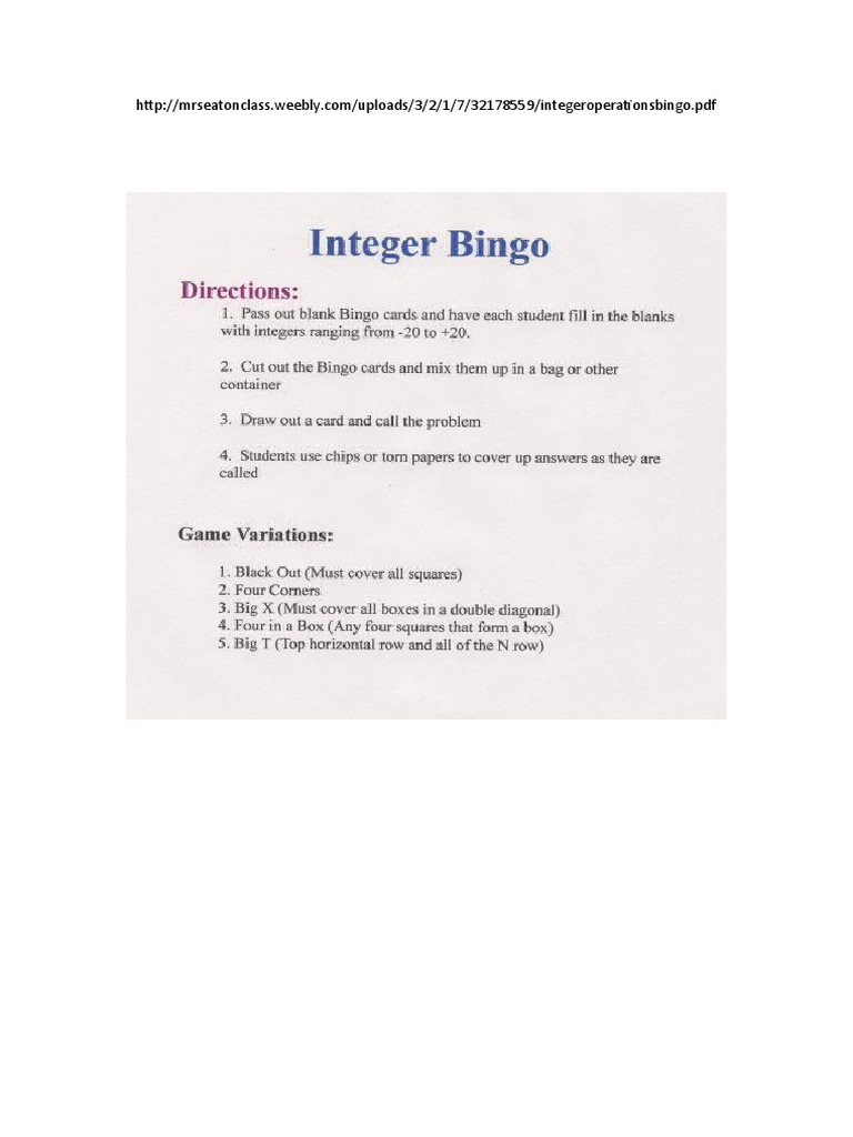 Integer Operations Bingo Game PDF | PDF