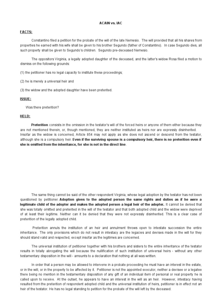 Preterition in Inheritance Cases | PDF | Will And Testament | Intestacy