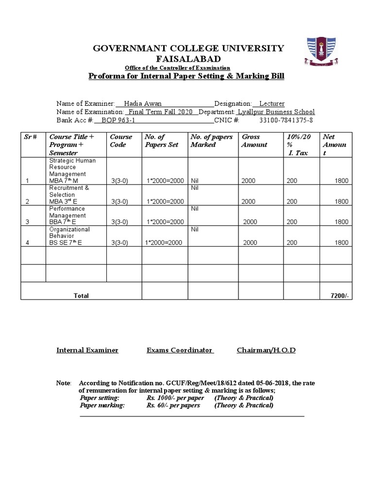 Internal Paper Setters and Marking Bill Performa | PDF