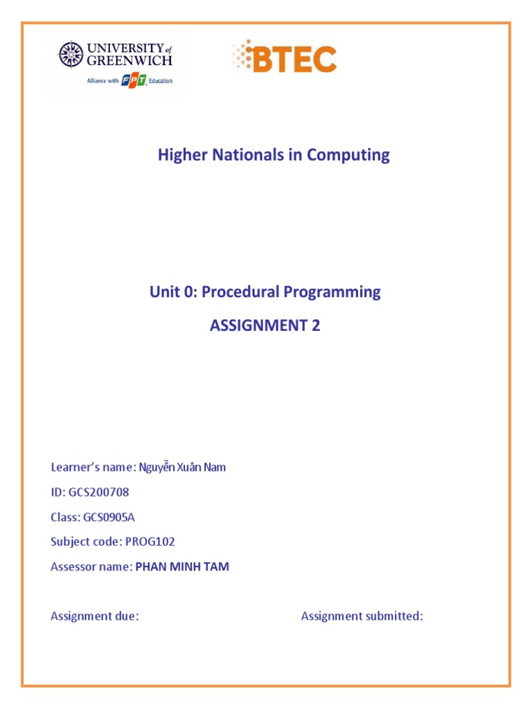Higher Nationals in Computing: Unit 0: Procedural Programming ...