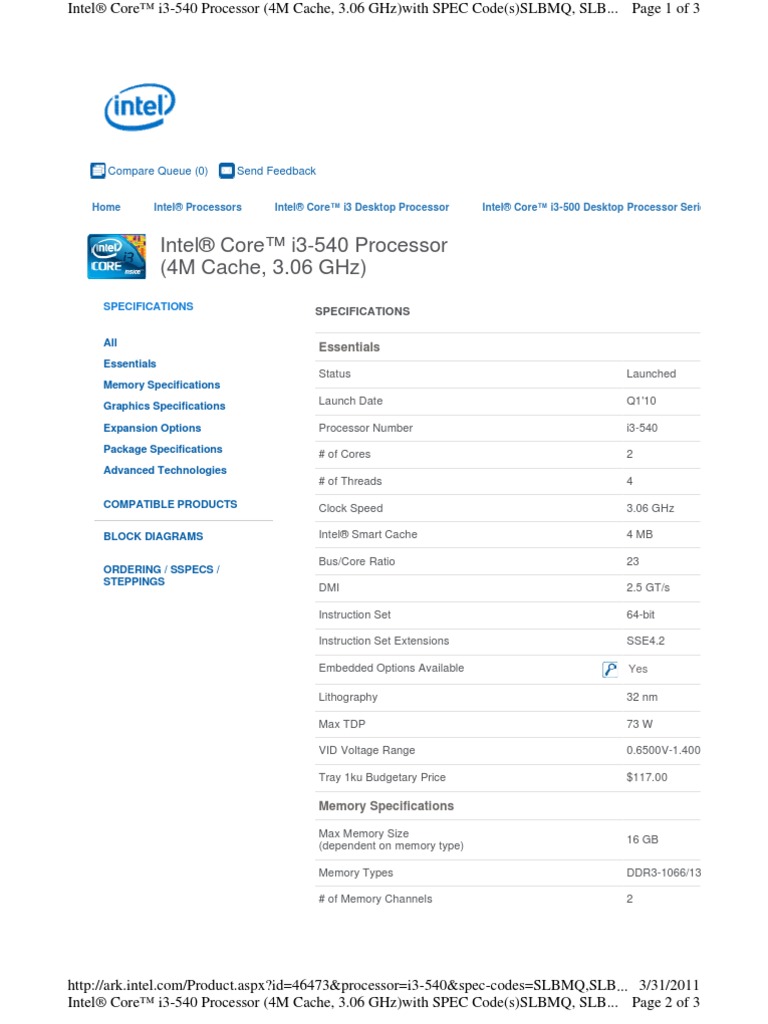 Intel® Core™ I3-540 Processor (4M Cache, 3.06 GHZ) : Compare Queue (0 ...