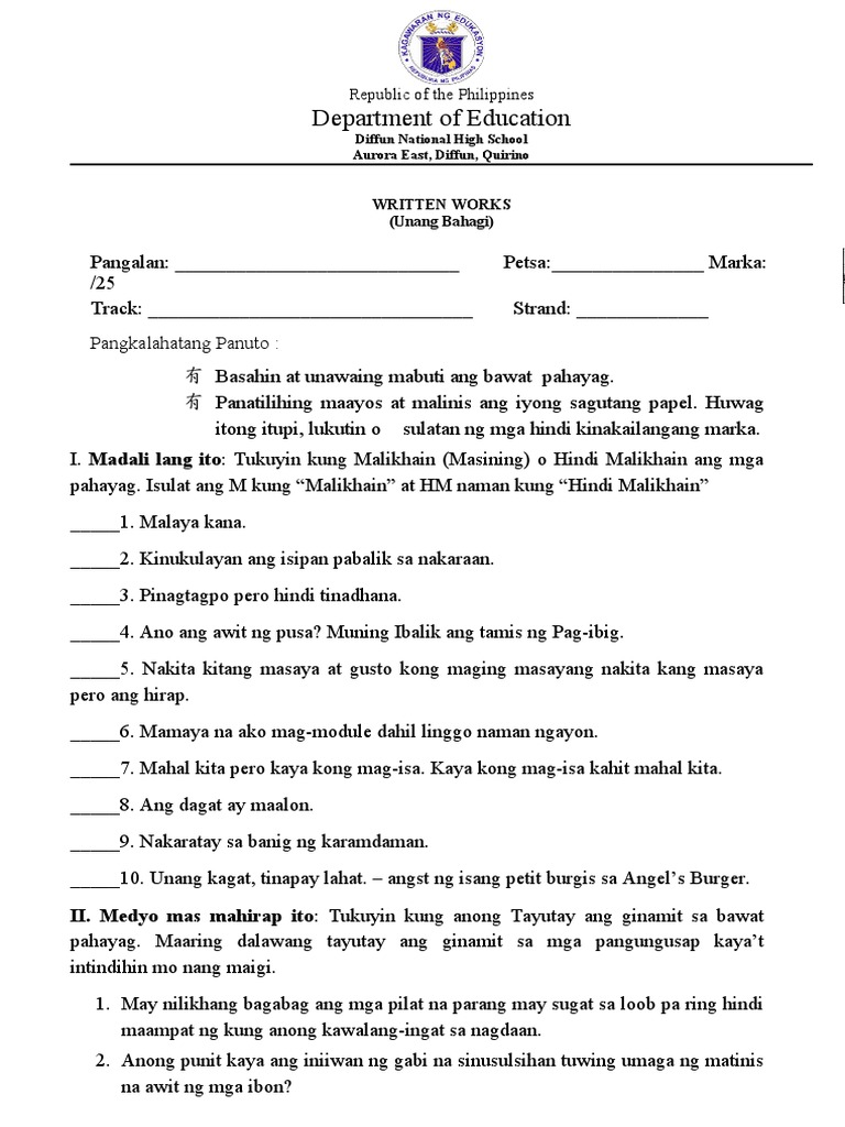 Pagsusulit Sa Malikhaing Pagsulat | PDF