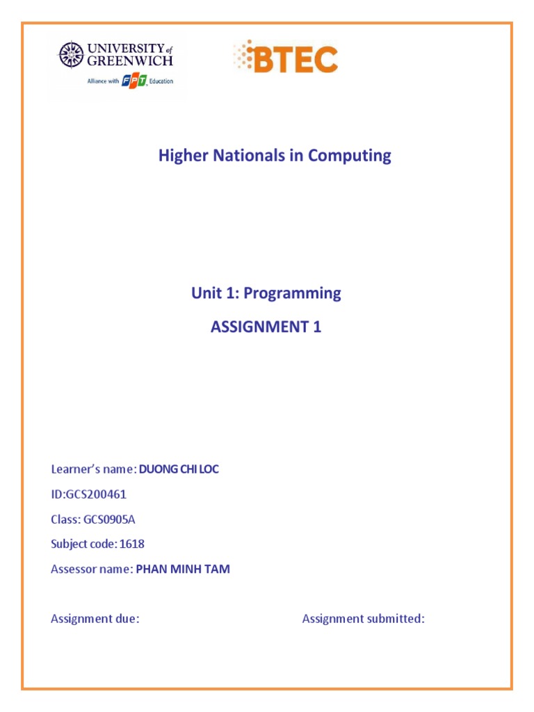 Higher Nationals in Computing: Unit 1: Programming Assignment 1 | PDF ...