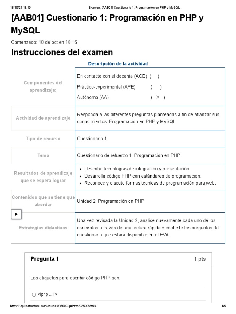 Examen - (AAB01) Cuestionario 1 - Programación en PHP y MySQL | PDF ...