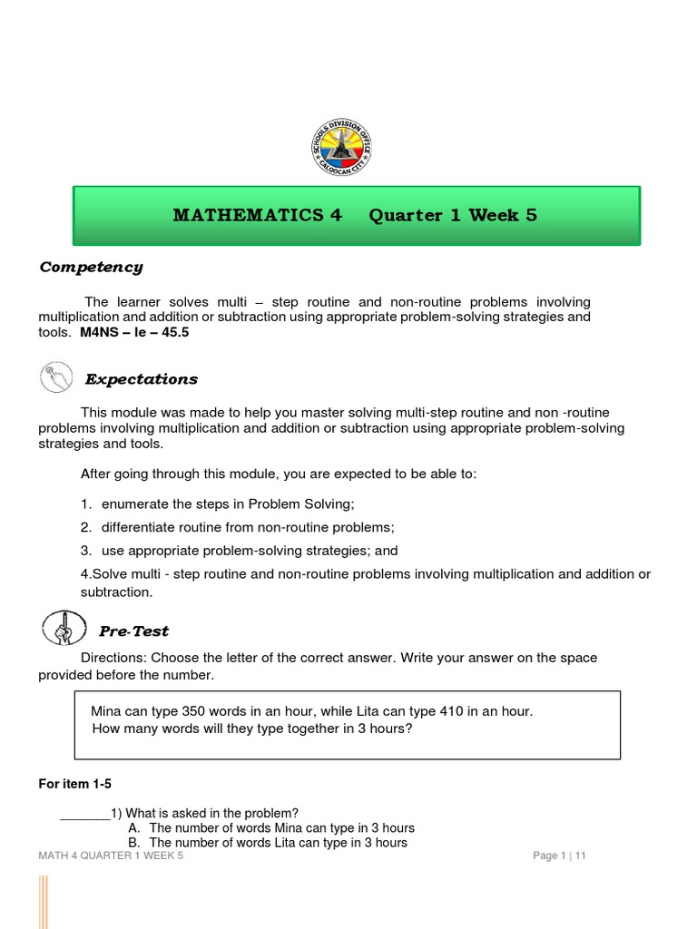 MATHEMATICS 4 Quarter 1 Week 5: Competency | PDF | Mathematics ...