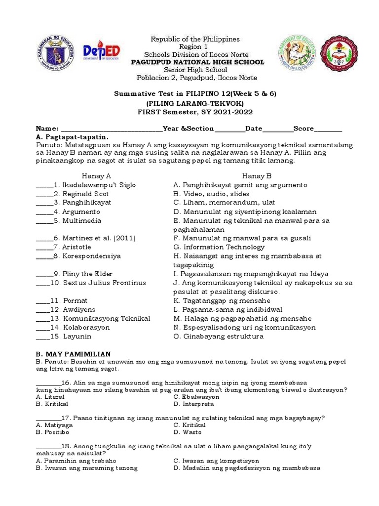 Summative Test in Filipino 12q1w5-6-Tekvoc | PDF