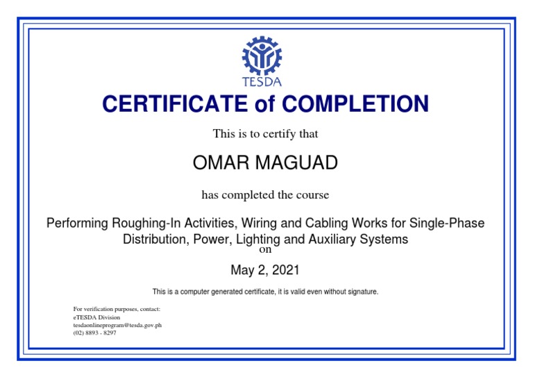 Completion Certificate for Wiring Course | PDF