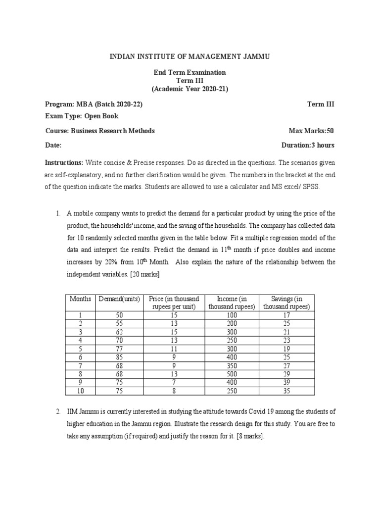 End Term - QP - BRM 2020-21 | PDF | Regression Analysis | Statistics