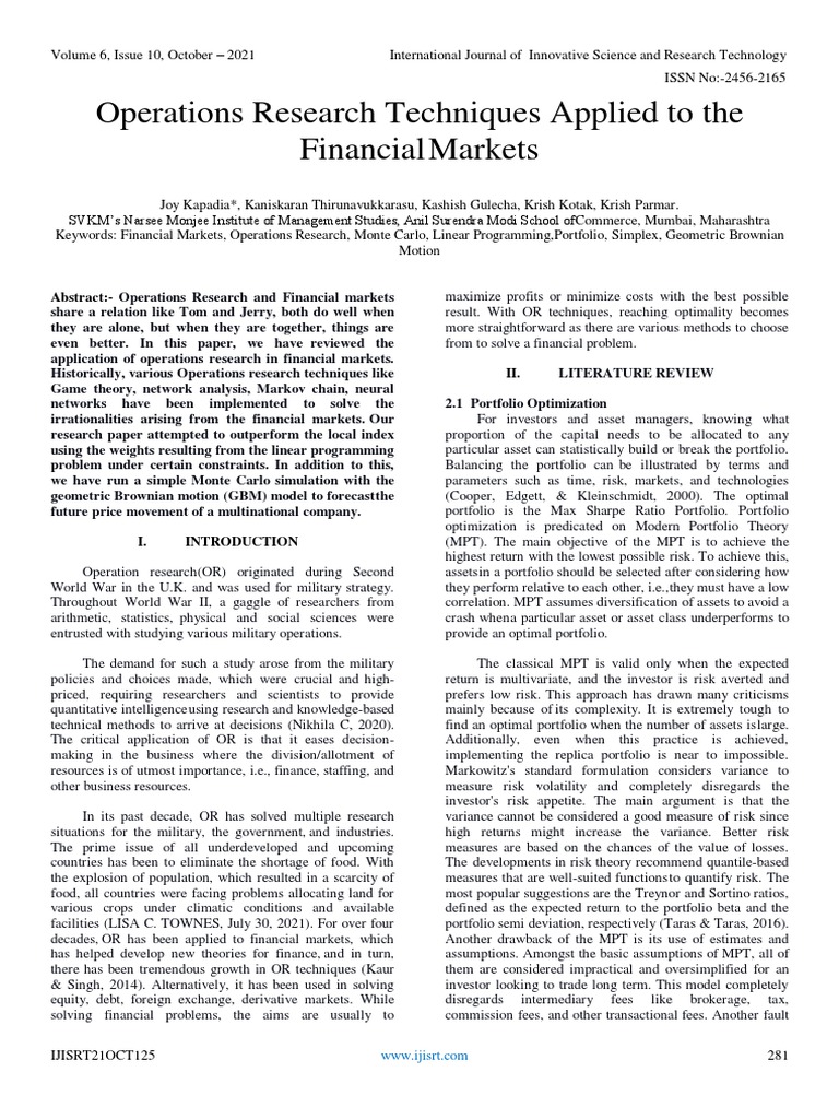 Operations Research Techniques Applied To The FinancialMarkets | PDF ...