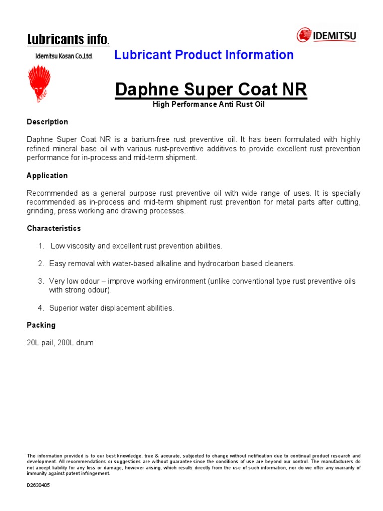 Daphne Super Coat NR: Lubricant Product Information | PDF | Lubricant ...