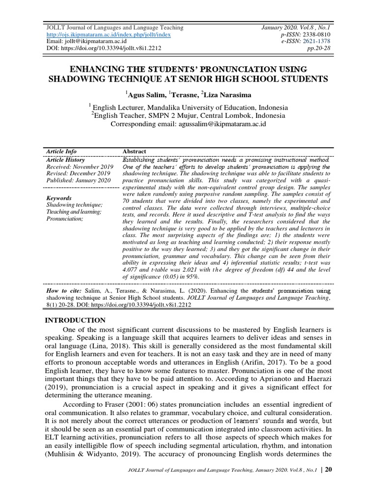 Enhancing Students' Pronunciation Using Shadowing Technique | PDF ...