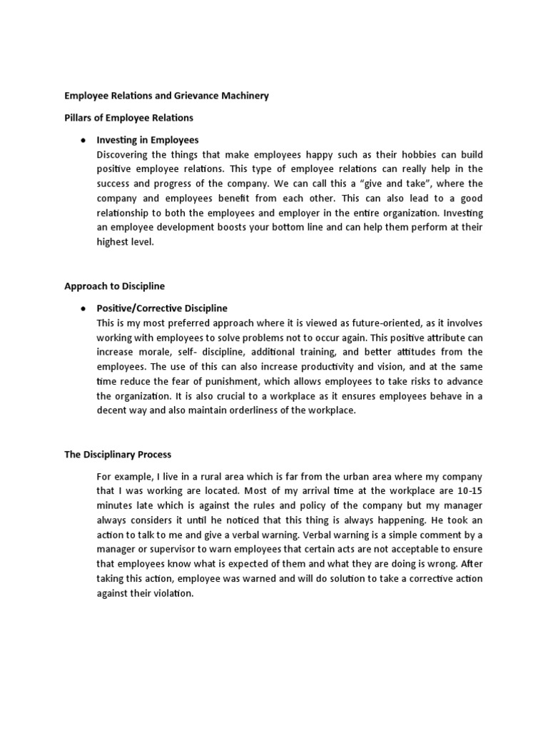 Employee Relations and Grievance Machinery Pillars of Employee ...