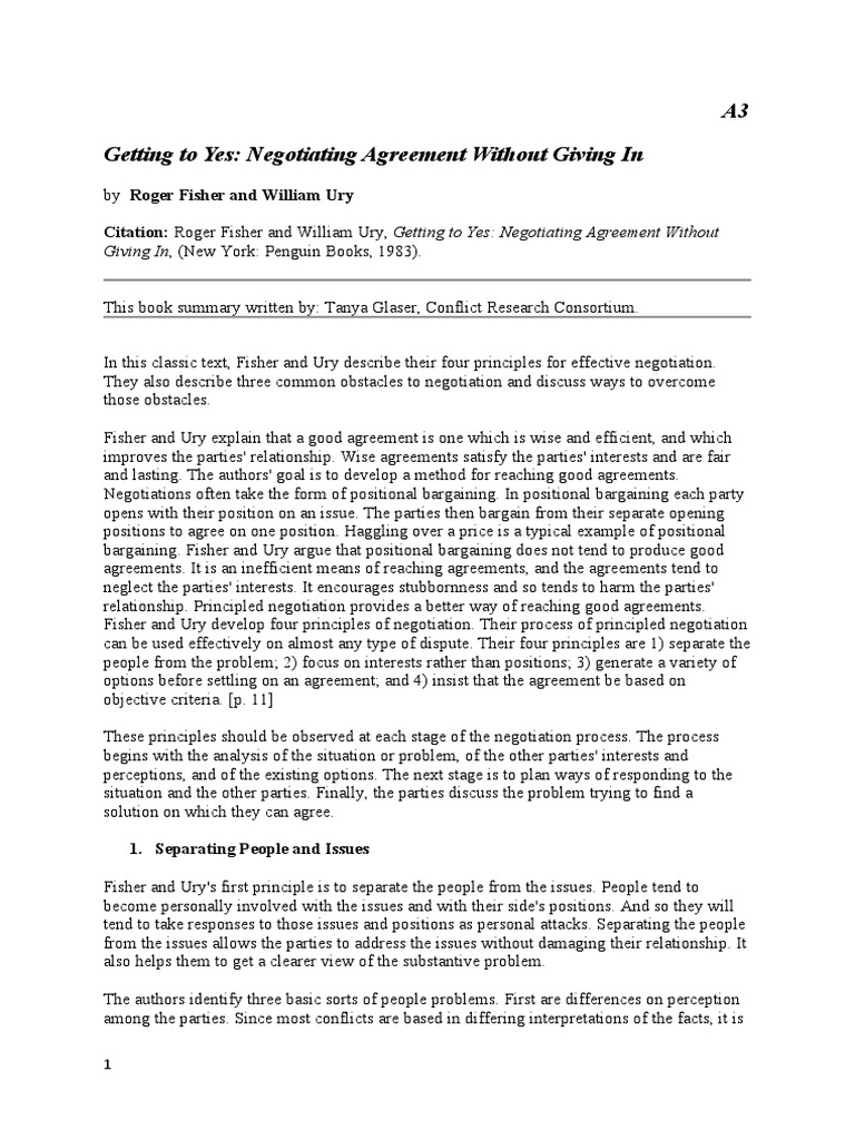 b3 Getting To Yes Summary | PDF | Negotiation | Bargaining