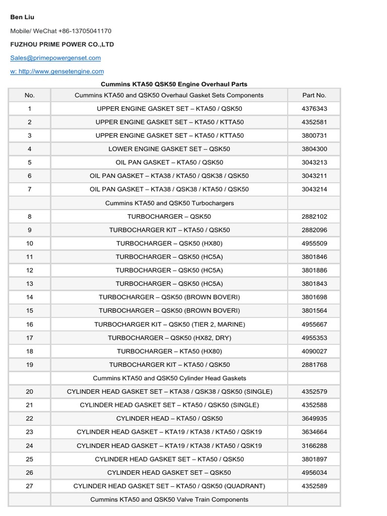 Cummins KTA50/QSK50 Parts List | PDF | Piston | Heat Exchanger
