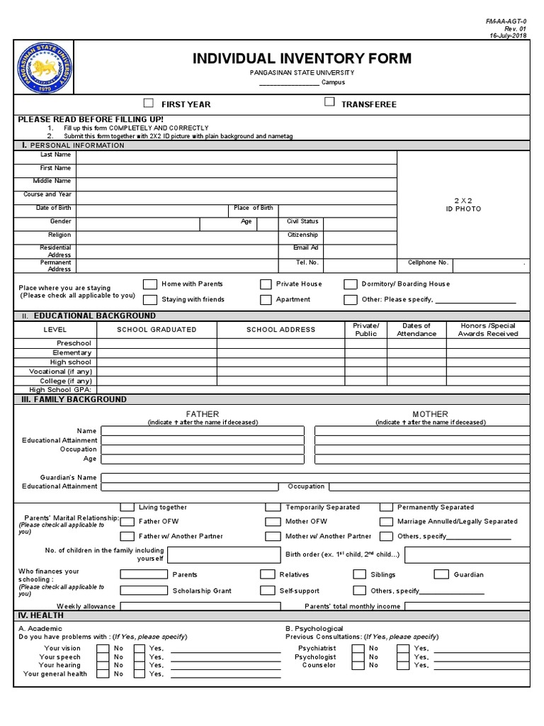 Individual Inventory Form: First Year Transferee Please Read Before ...