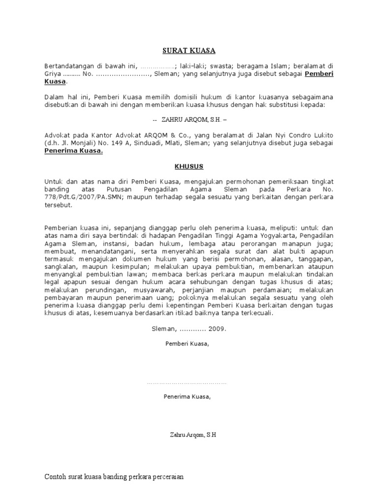 SURAT KUASA Banding Perceraian | PDF