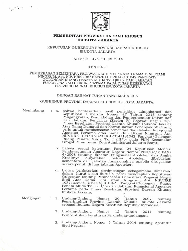SK Gubernur Provinsi Dki Jakarta Nomor 475 Tahun 2016 | PDF