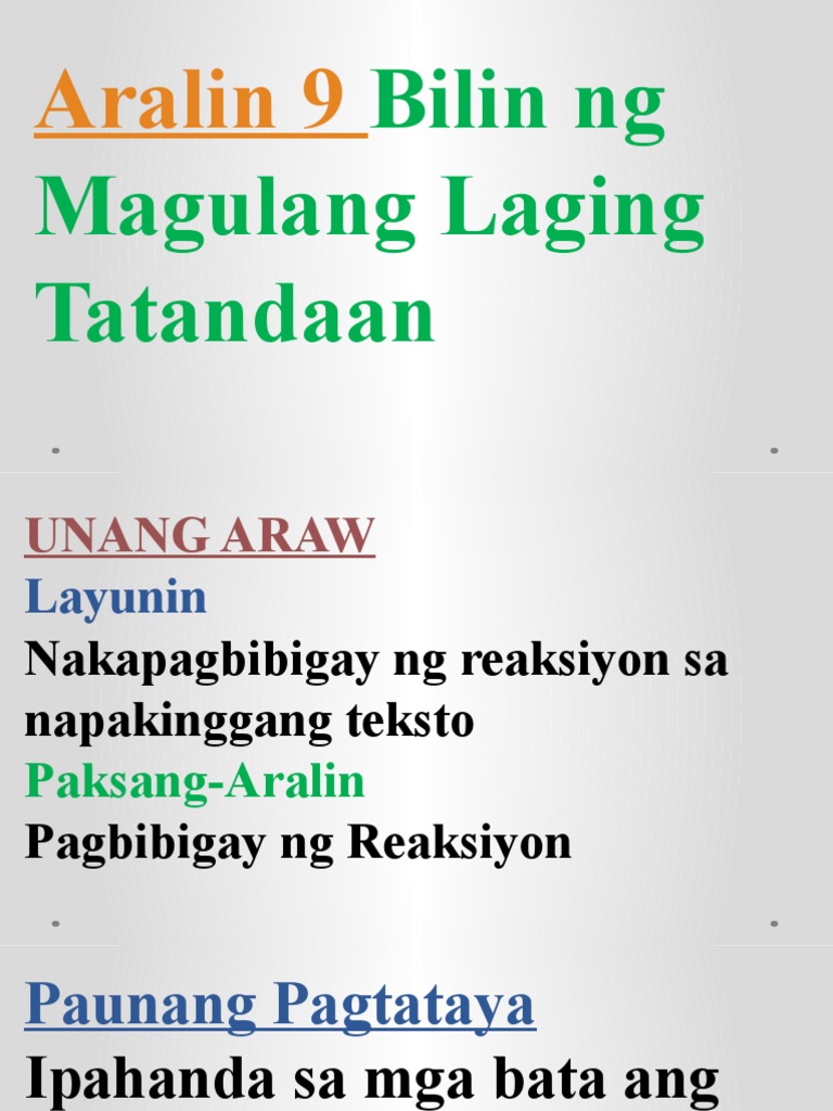 Filipino Yunit 1 Aralin 9 Day 1 | PDF