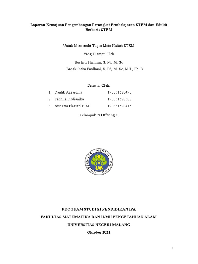 KELOMPOK 2 - Laporan Kemajuan Pengembangan Perangkat Pembelajaran STEM Dan Edukit Berbasis STEM ...