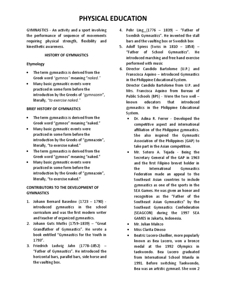 Physical Education: History of Gymnastics Etymology | PDF | Gymnastics ...