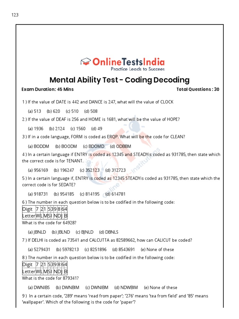 Mental Ability Test - Coding Decoding: Total Questions: 30 Exam ... Mental Ability Test - Coding Decoding: Total Questions: 30 Exam ...
