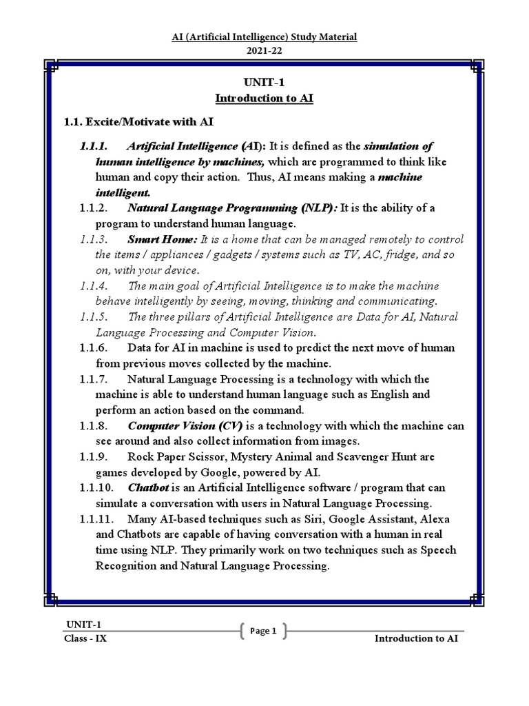 AI Study Material - Class-9 Unit - 1 | PDF | Artificial Intelligence ...