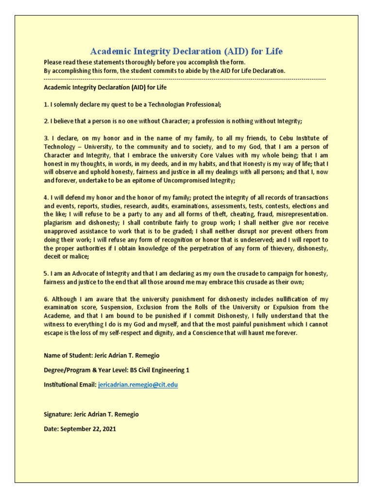 Academic Integrity Declaration (AID) For Life | PDF | Academic ...