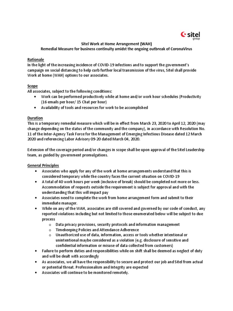 Sitel Work at Home Arrangement | PDF | Privacy | Infection