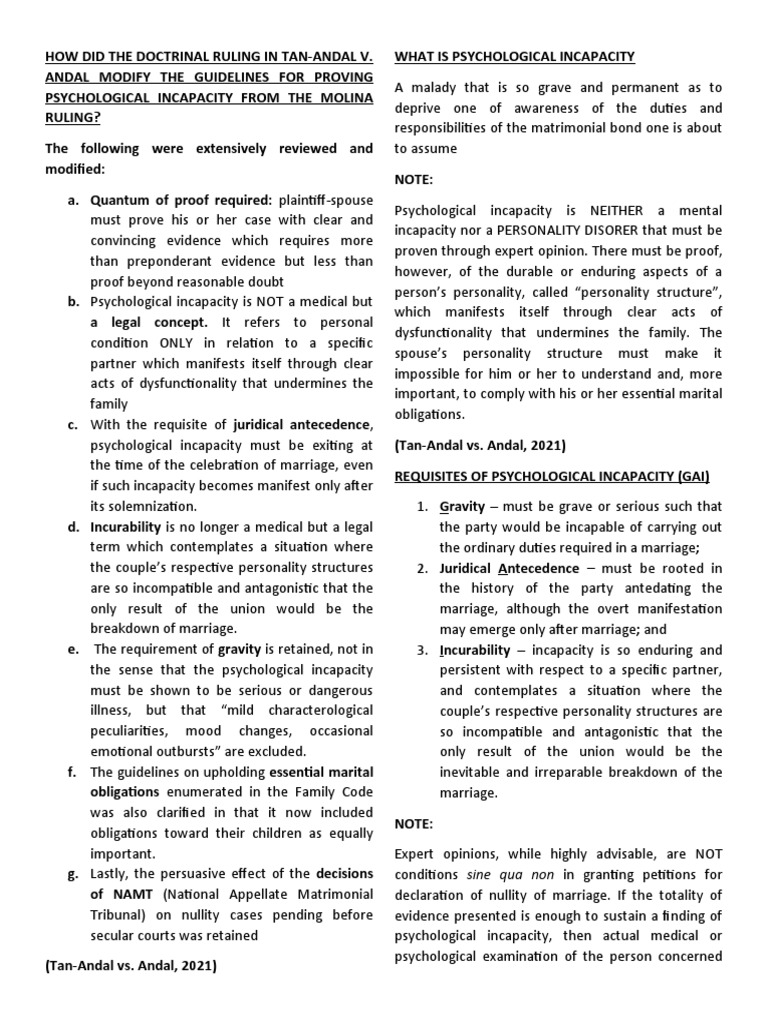 Andal Doctrine - Psychological Incapacity | PDF | Marriage | Burden Of ...