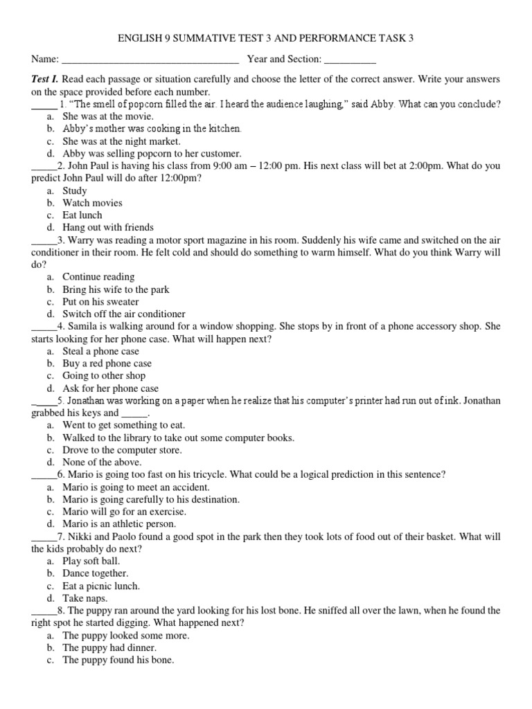 Test I. Read Each Passage or Situation Carefully and Choose The Letter ...