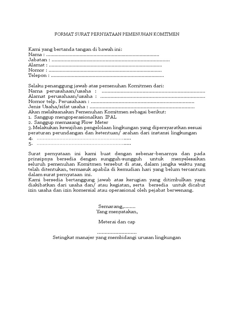 Format Surat Pernyataan Pemenuhan Komitmen (1) - Dikonversi | PDF