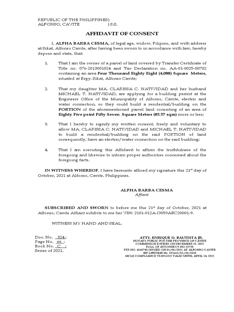 Affidavit of Consent Building CESMA | PDF | Affidavit | Common Law