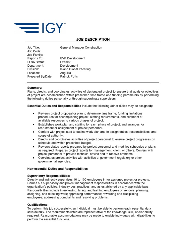 A Comprehensive Job Description for a General Manager of Construction ...