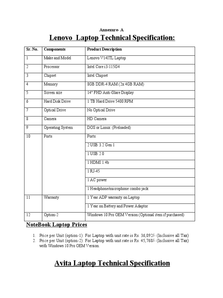 Lenovo Laptop Technical Specification | PDF | Laptop | Personal Computers