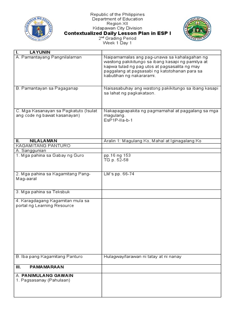Contextualized Daily Lesson Plan (ESP 1) | PDF