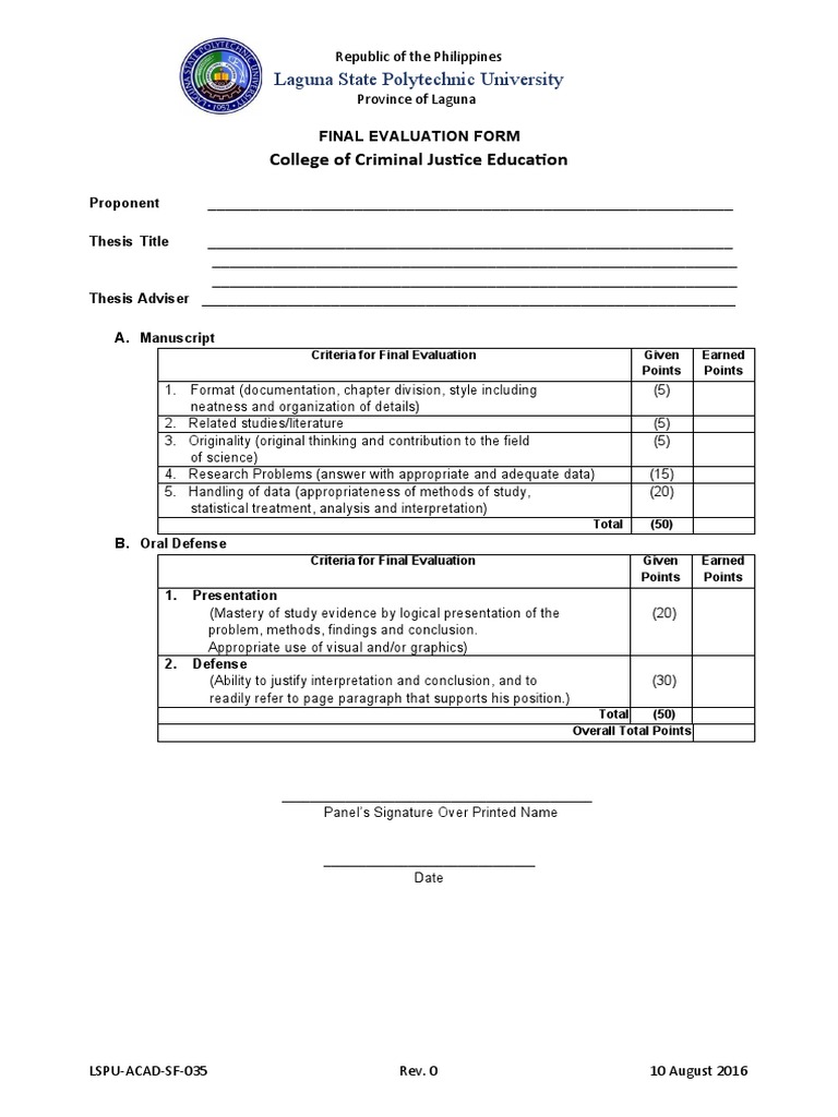 35 LSPU ACAD FINAL EVALUATION FORM Adopted From GSAR | PDF | Thesis ...