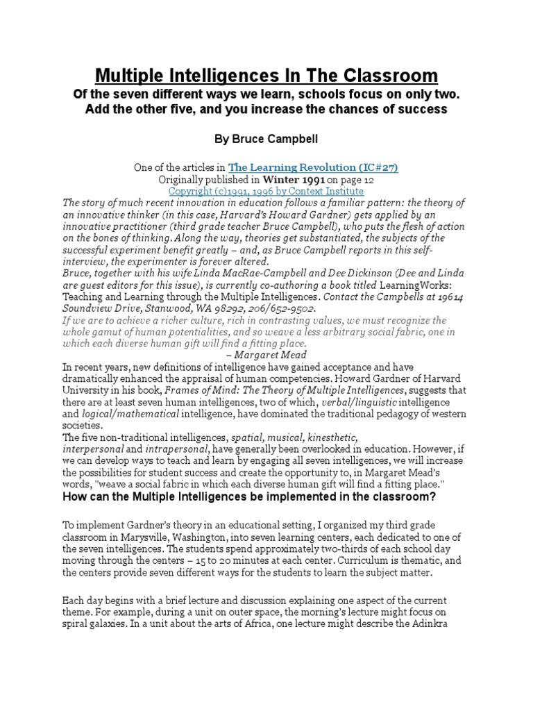 Multiple Intelligences in The Classroom | PDF | Curriculum | Teachers