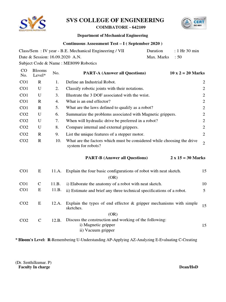 CAT I - Robotics QP | PDF | Robot | Robotics